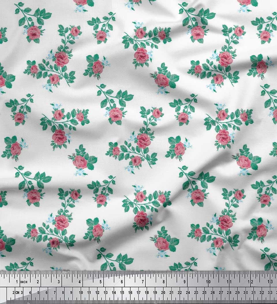 Soimoi Cotton Cambric Fabric Leaves & Rose Floral Print Fabric by Yard ...