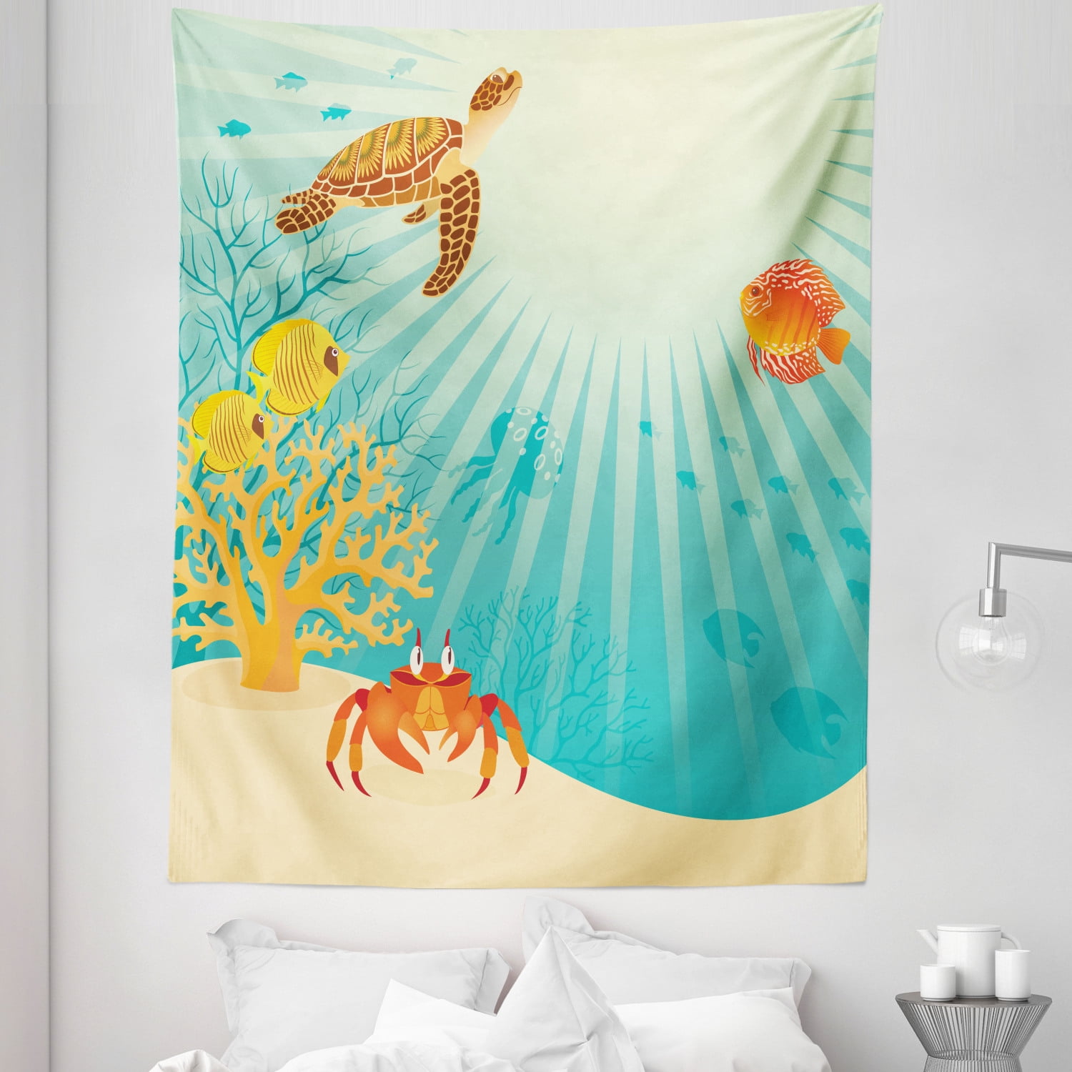 Fish Tapestry, Tropical Fishes Crab Loggerhead Sea Turtle Oceanic Sun ...