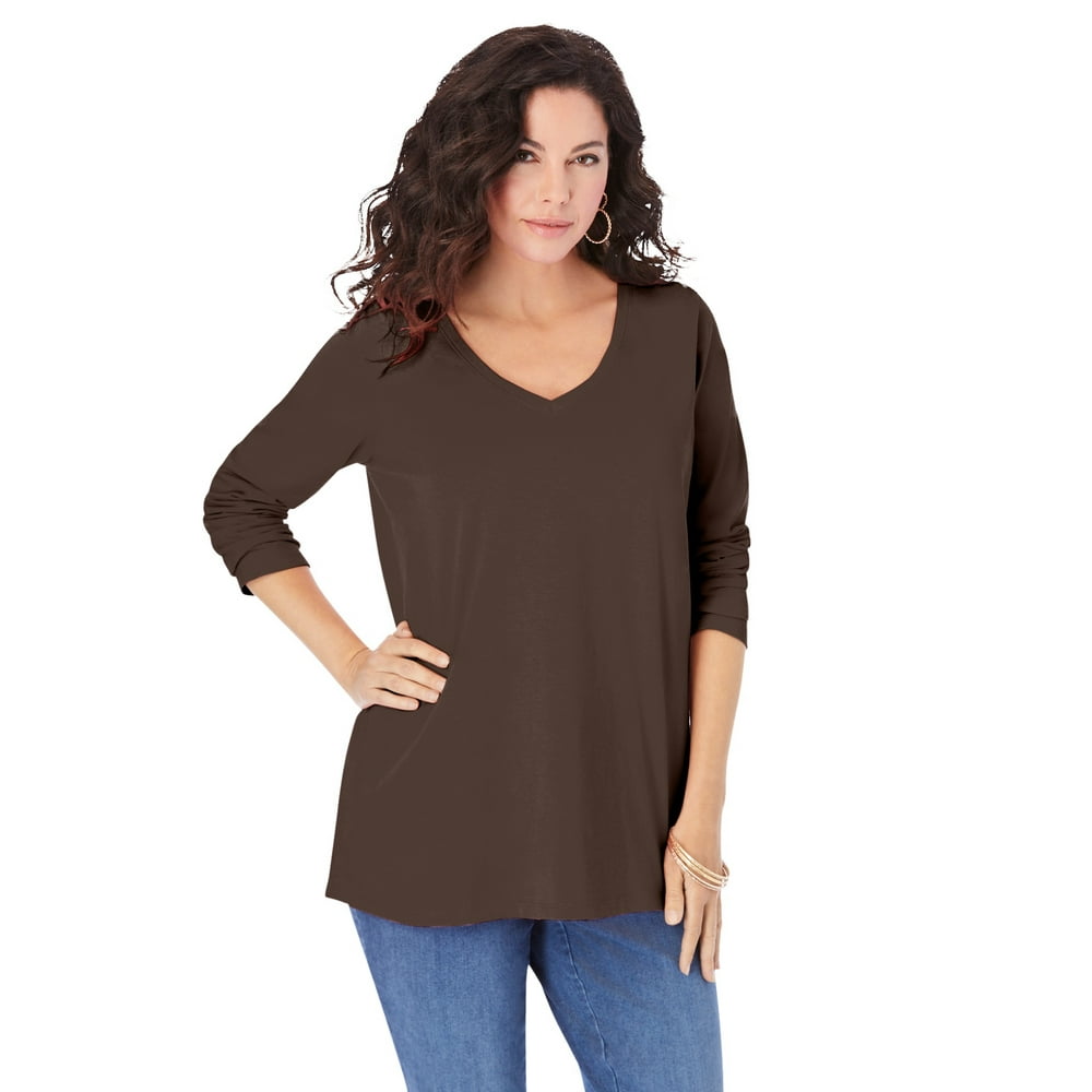 Roamans Roamans Womens Plus Size Long Sleeve V Neck Ultimate Tee