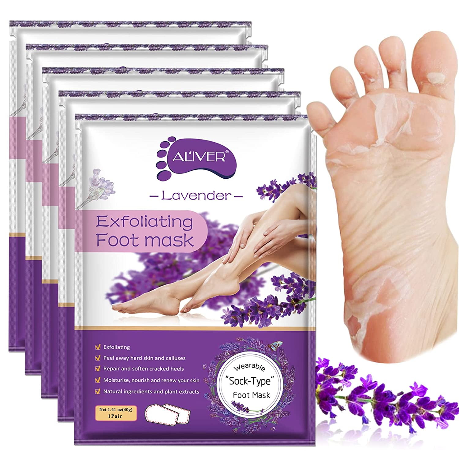 ALIVER Lavender Foot Peel Mask Baby Foot Exfoliant Feet Peel Mask, 5 ...