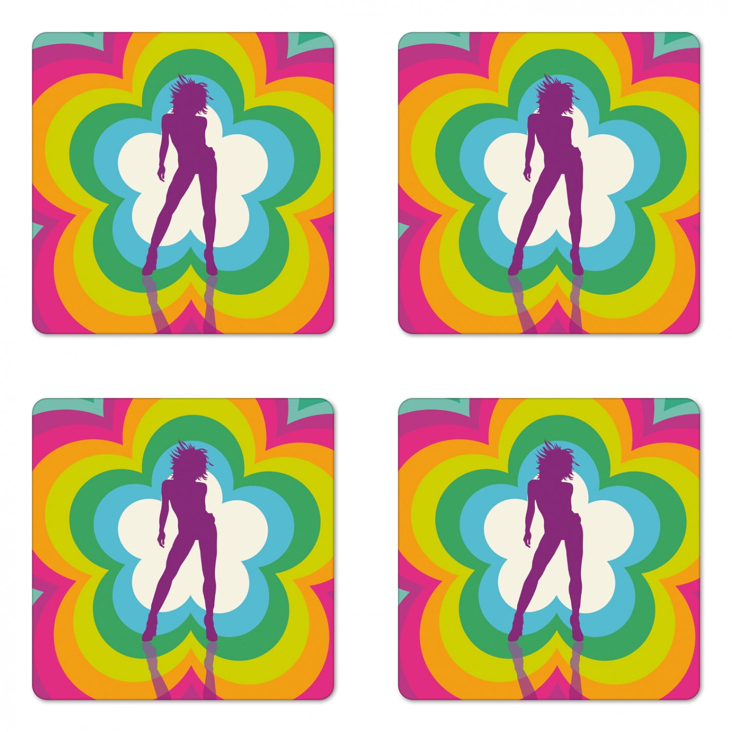70s Party Coaster Set of 4, Vibrant Colorful Flowers with Dancing Woman ...