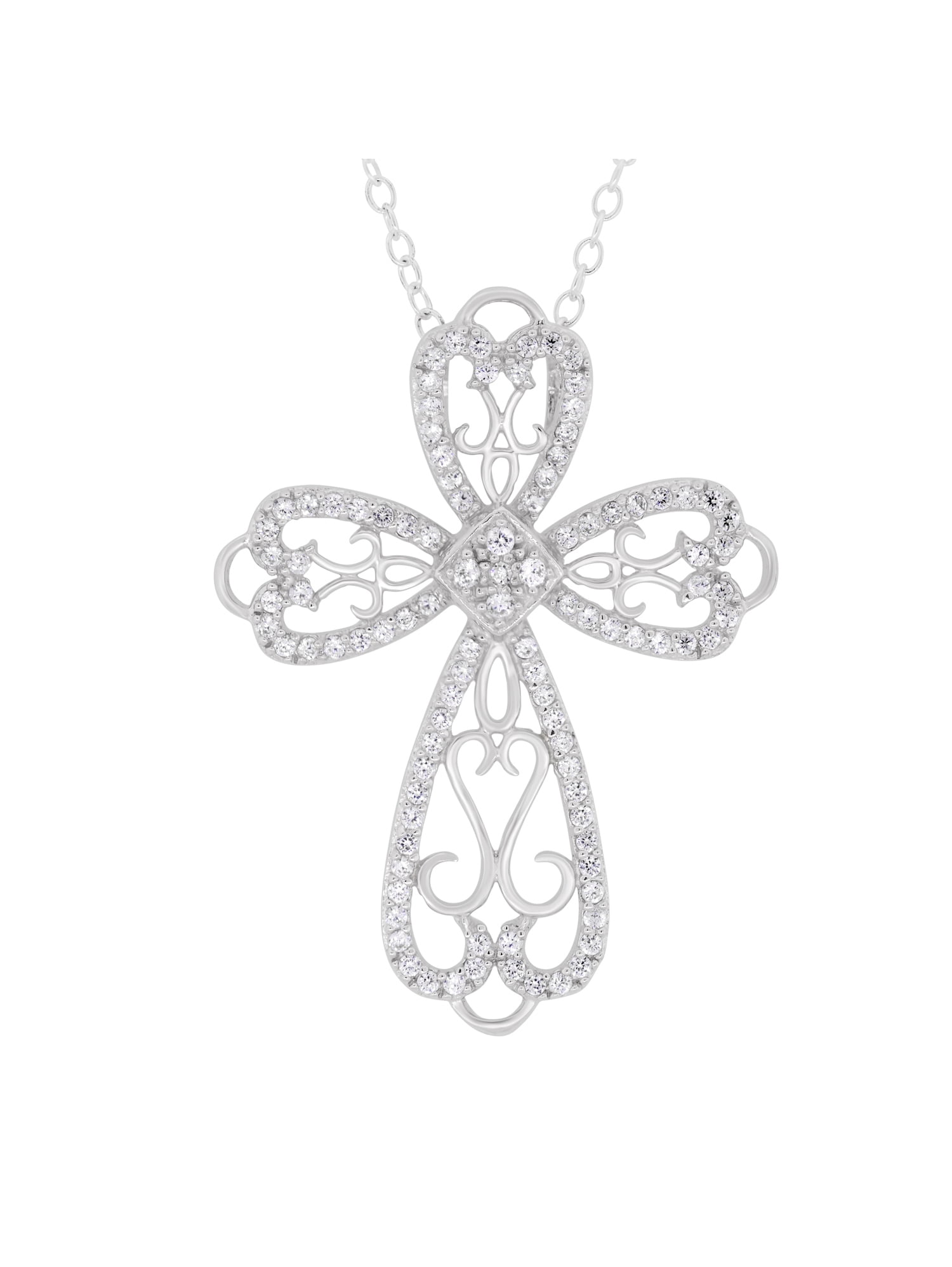 Cubic Zirconia Sterling Silver Filigree Cross Pendant, 18" - Walmart.com