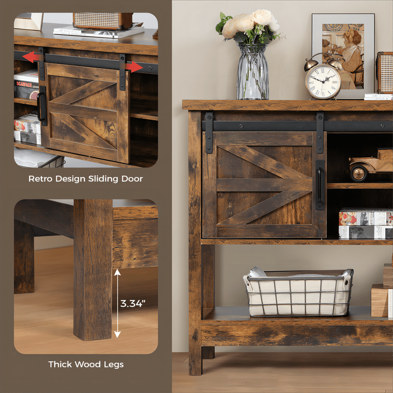 Brown wood console table with sliding doors store
