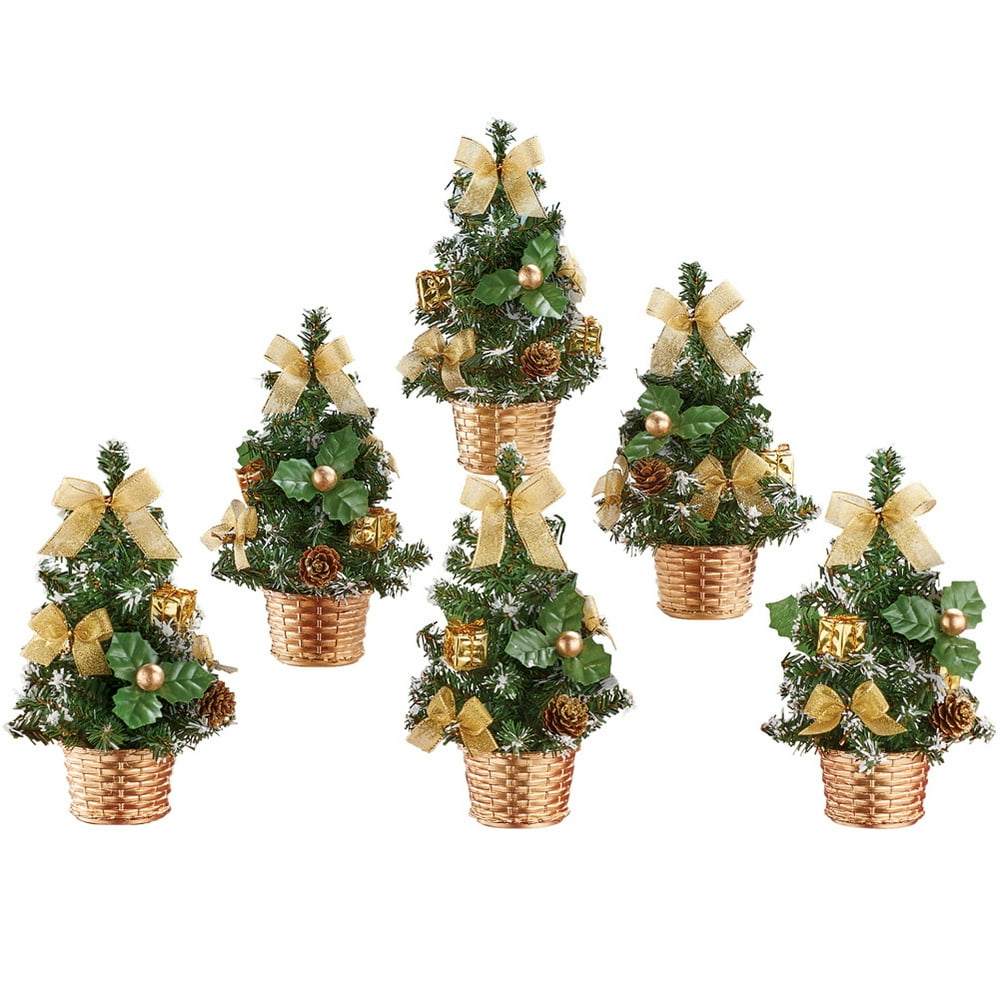 Festive Mini Gold Christmas Trees With Bows And Ornaments Set Of 6 festive-mini-gold-christmas-trees-with-bows-and-ornaments-set-of-6
