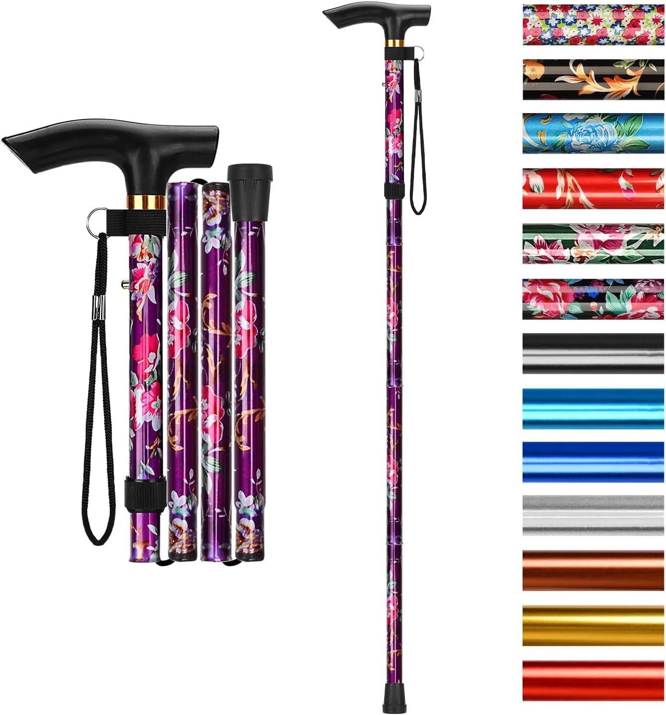 SupreGear Adjustable Folding Cane with T-Handle and Stability Strap, 5 ...