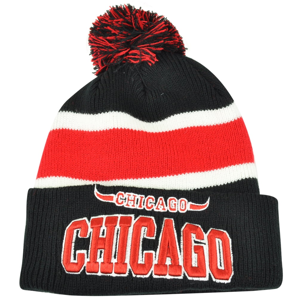Chicago City Chi Town Striped Black Cuffed Red Beanie Pom Pom Knit ...