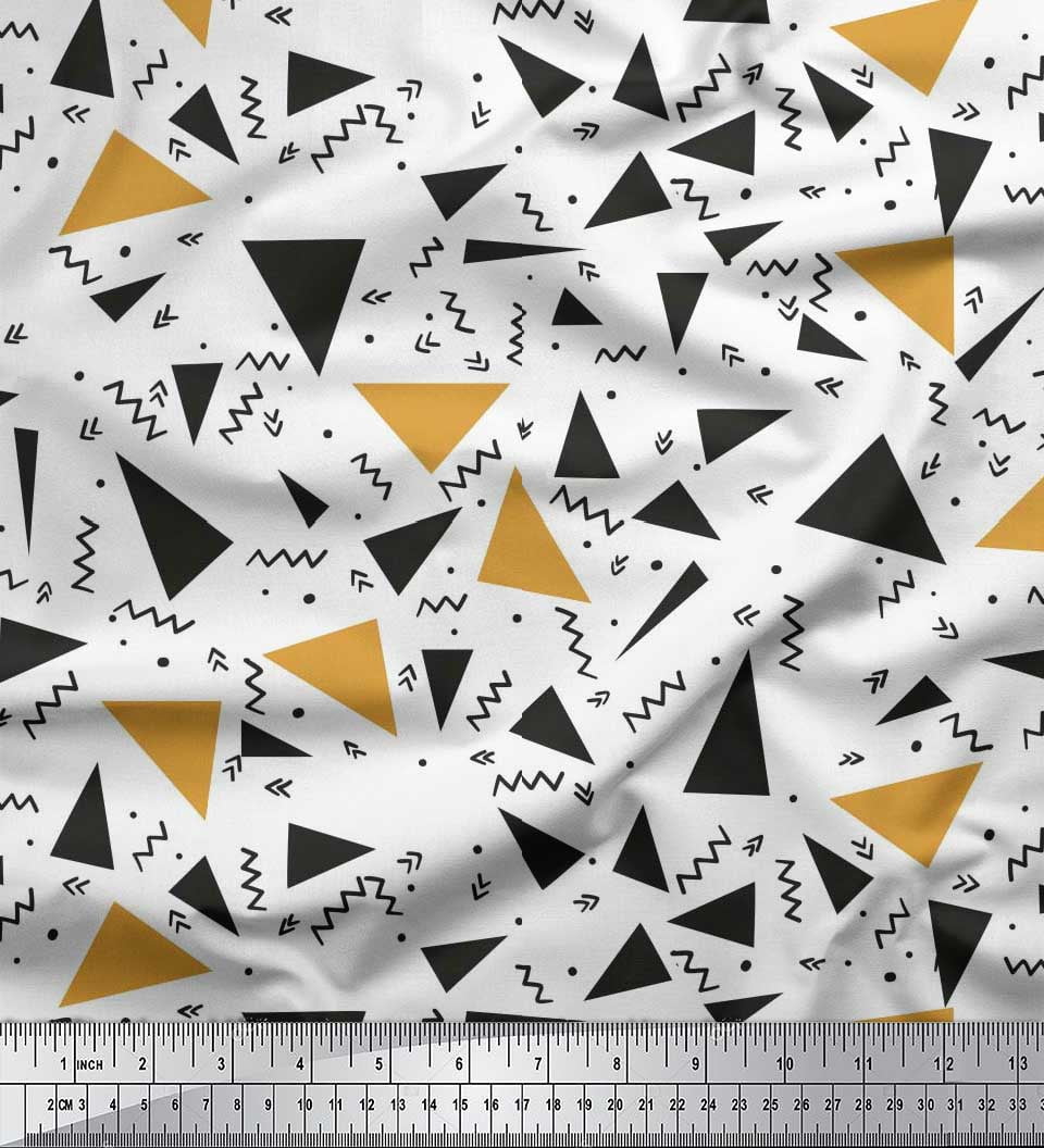 Soimoi White Crepe Silk Fabric Dot,Zig Zag & Triangle Geometric Print ...