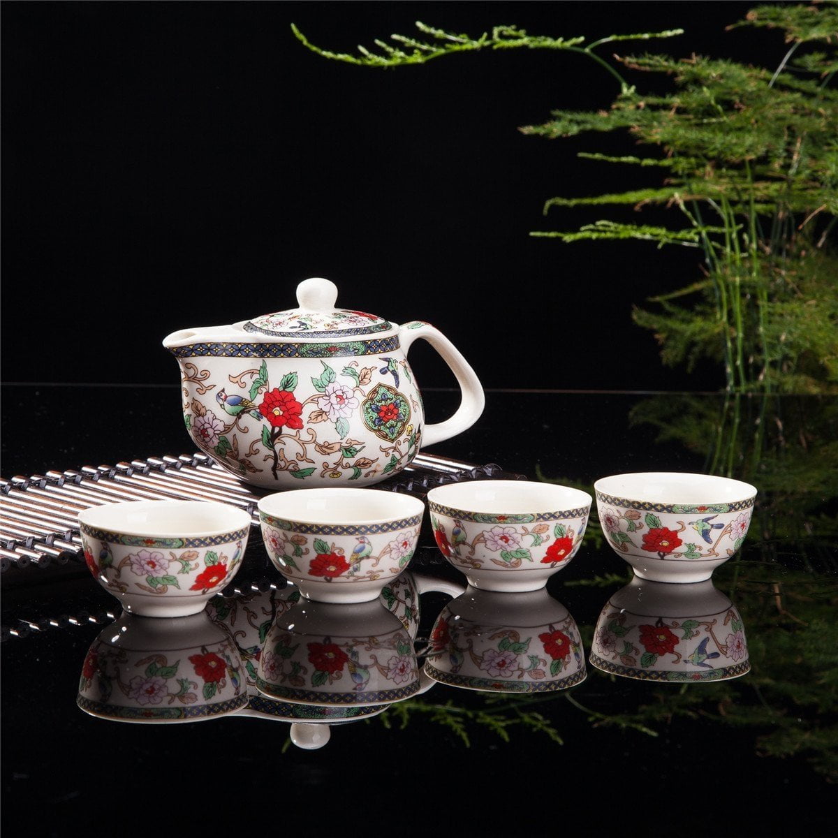 Exquisite 5 PCS Flower & Birds Design Ceramic Tea Pot Tea Cups Set In ...