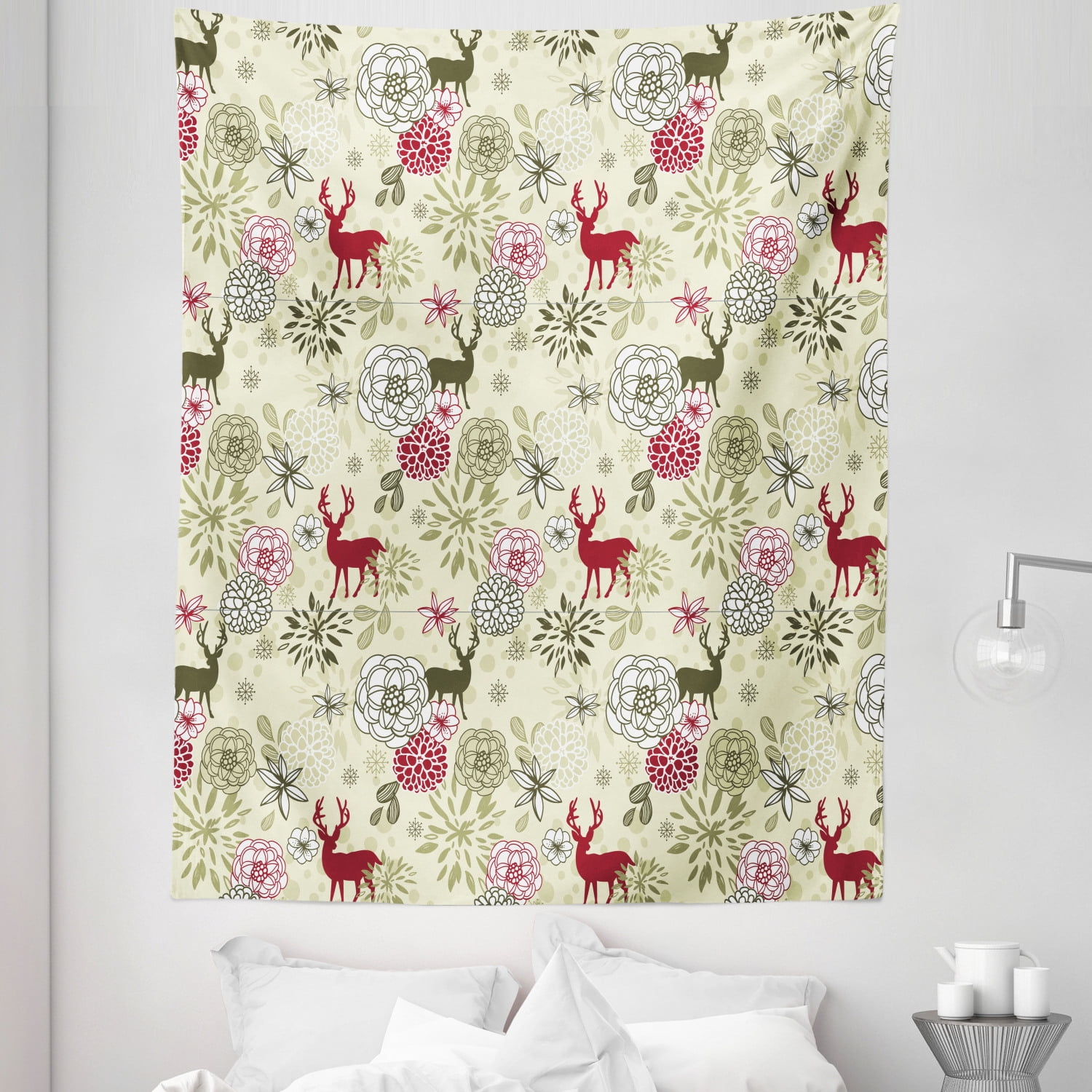 Winter Tapestry, Deer Silhouettes with Blossoming Flowers Abstract ...