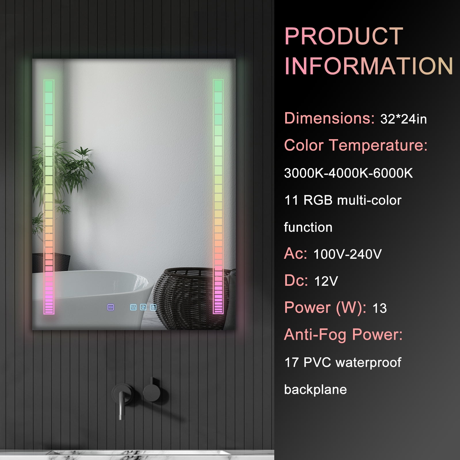 EasingRoom 32x24 RGB LED Mirror Wall Mounted Bathroom Mirror Hanging ...