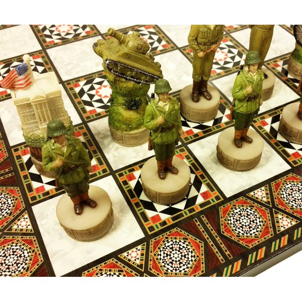 WW2 US vs GERMANY CHESS SET W/ 17" Mosaic Color BOARD World War 2 ...