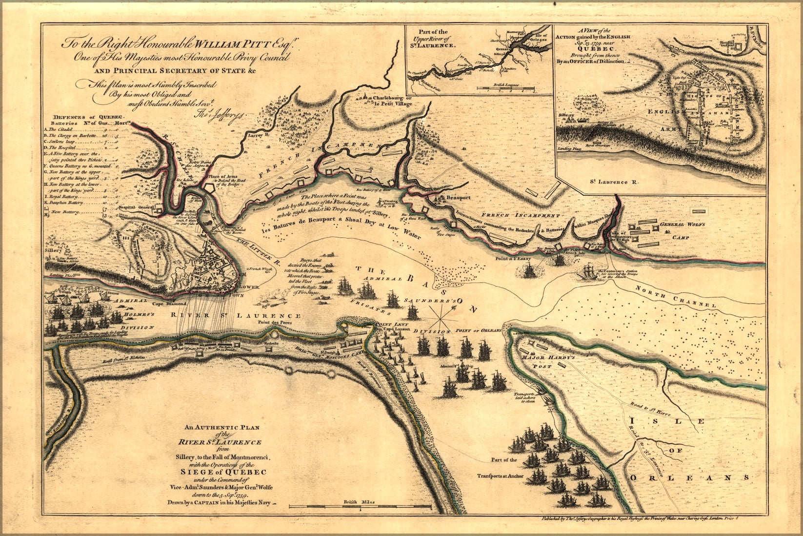24"x36" Gallery Poster, map of the River St. Laurence siege of Quebec ...