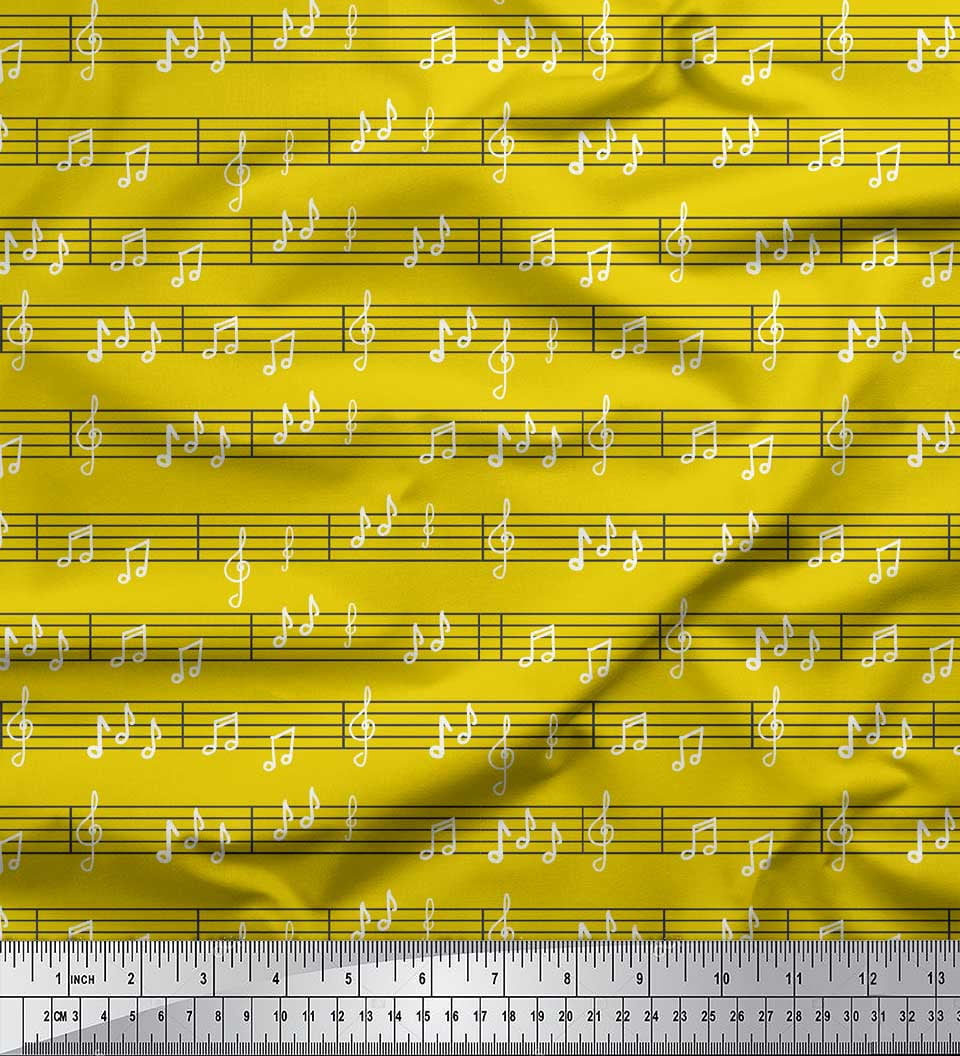 Soimoi Yellow Japan Crepe Satin Fabric Notes Musical Instrument Print ...