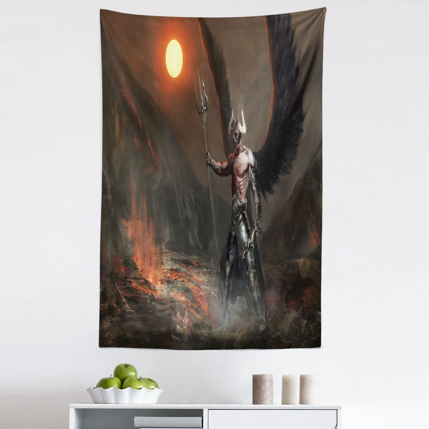 Fantasy Tapestry, Knight with Wings Feathers Angel Devil Moon Fantasy ...