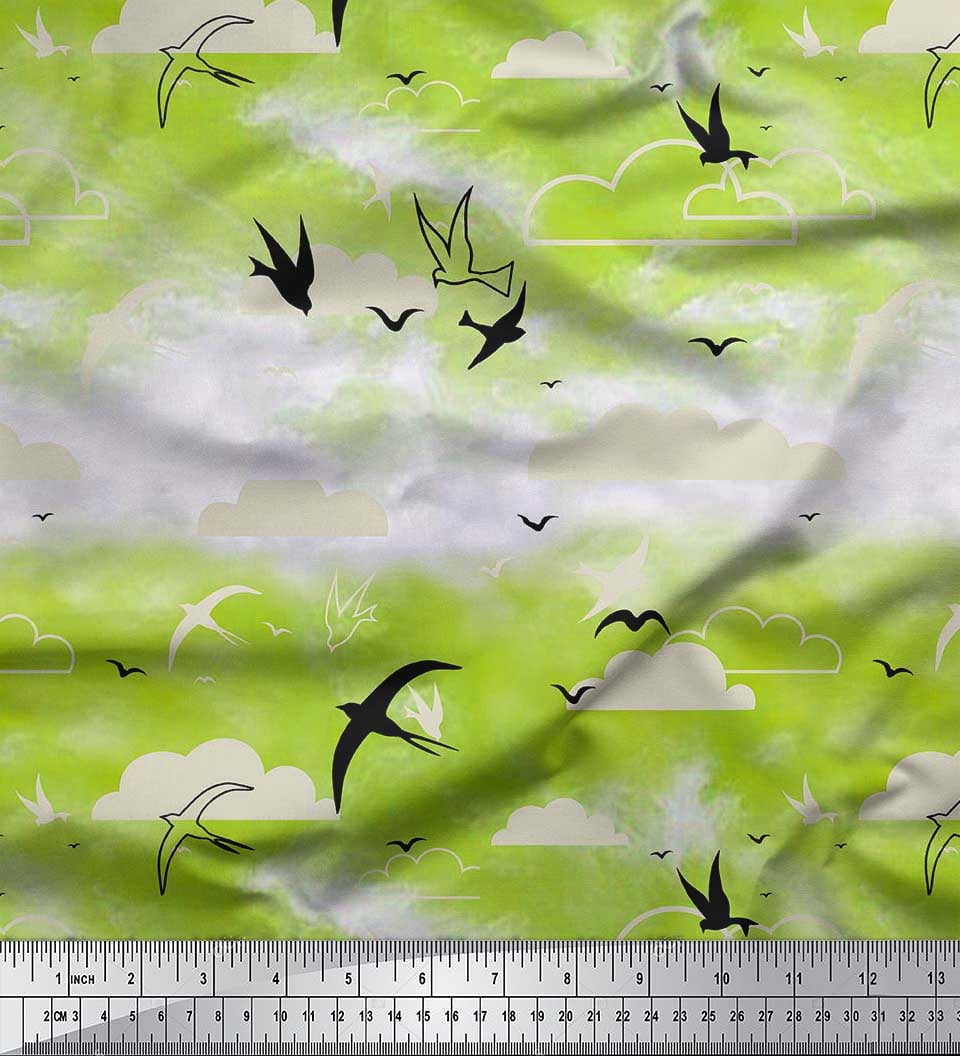 Soimoi Silk Fabric Clouds & Flying Swift Bird Print Fabric by the Yard ...