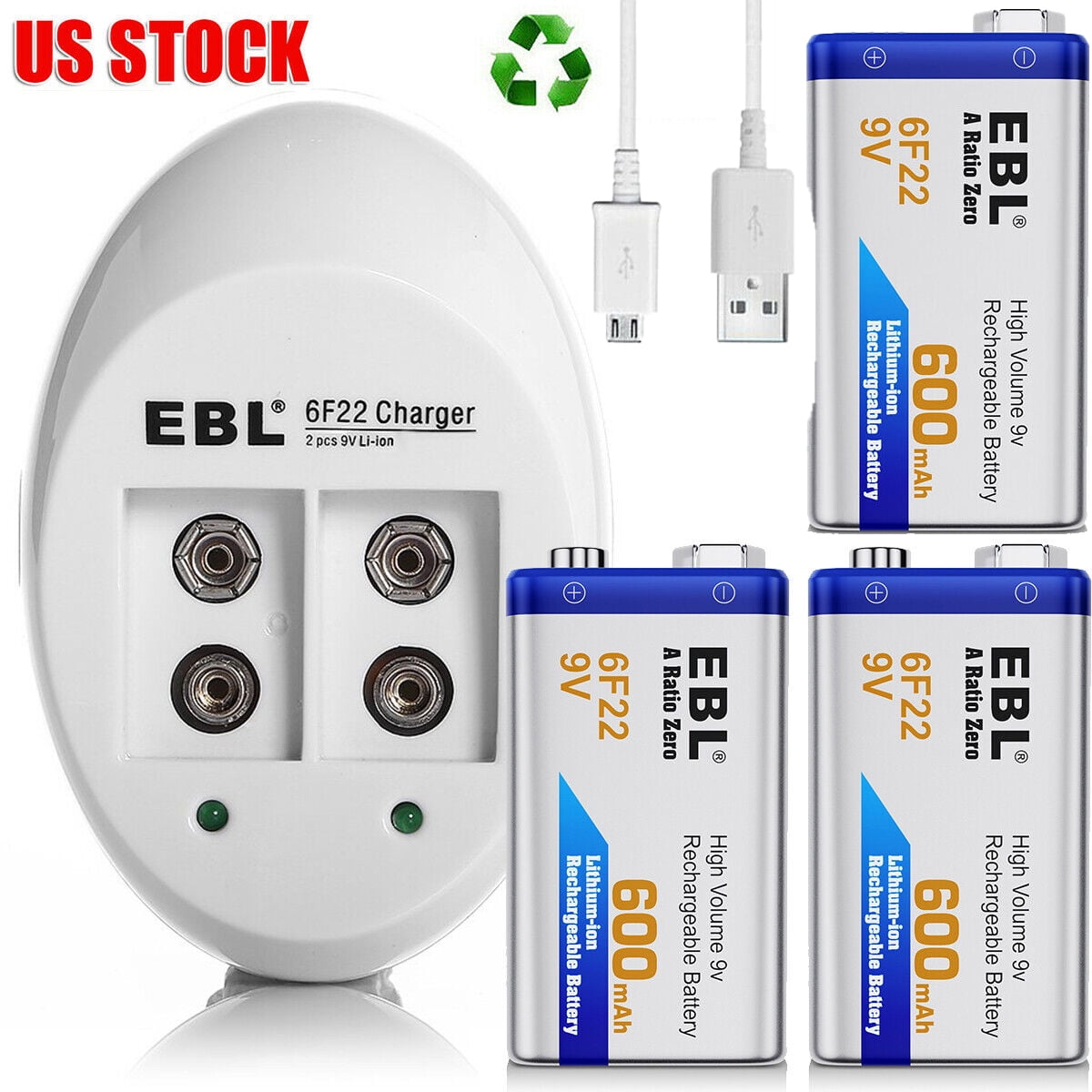 EBL 3-Pack 9V600mAh Batteries Li-ion 9 Volt Rechargeable Batteries with ...