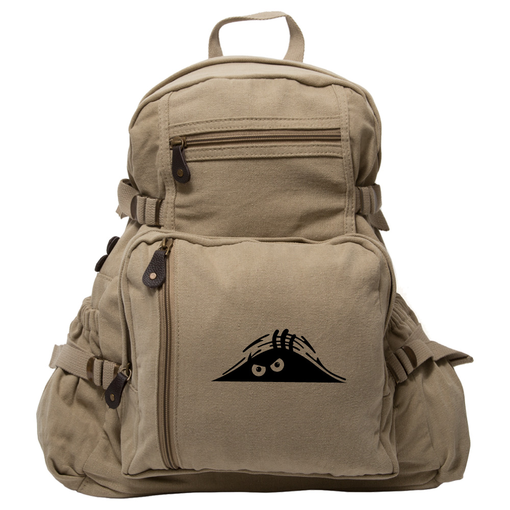 Peeking Monster Scary Eyes Canvas Backpack Bag, Khaki & Black (Large ...