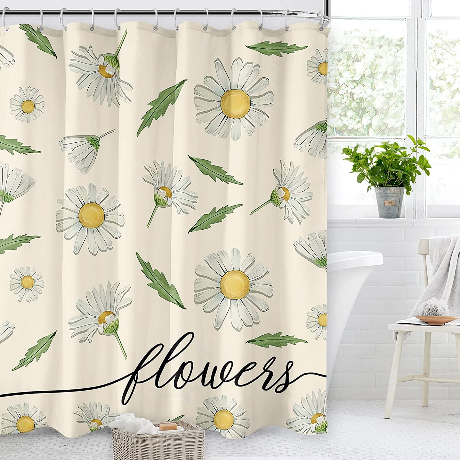 Spring Shower Curtain,Green Daisy Flower Farmhouse and Cute Summer ...