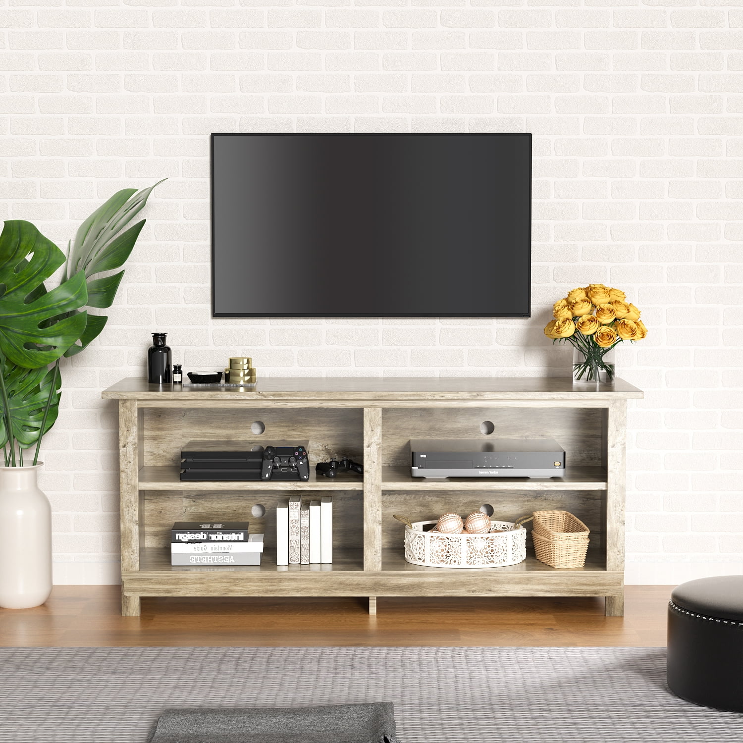 LACOO Wood TV Stand for TV up to 65" Media Console with 4 Shelves, Gray ...