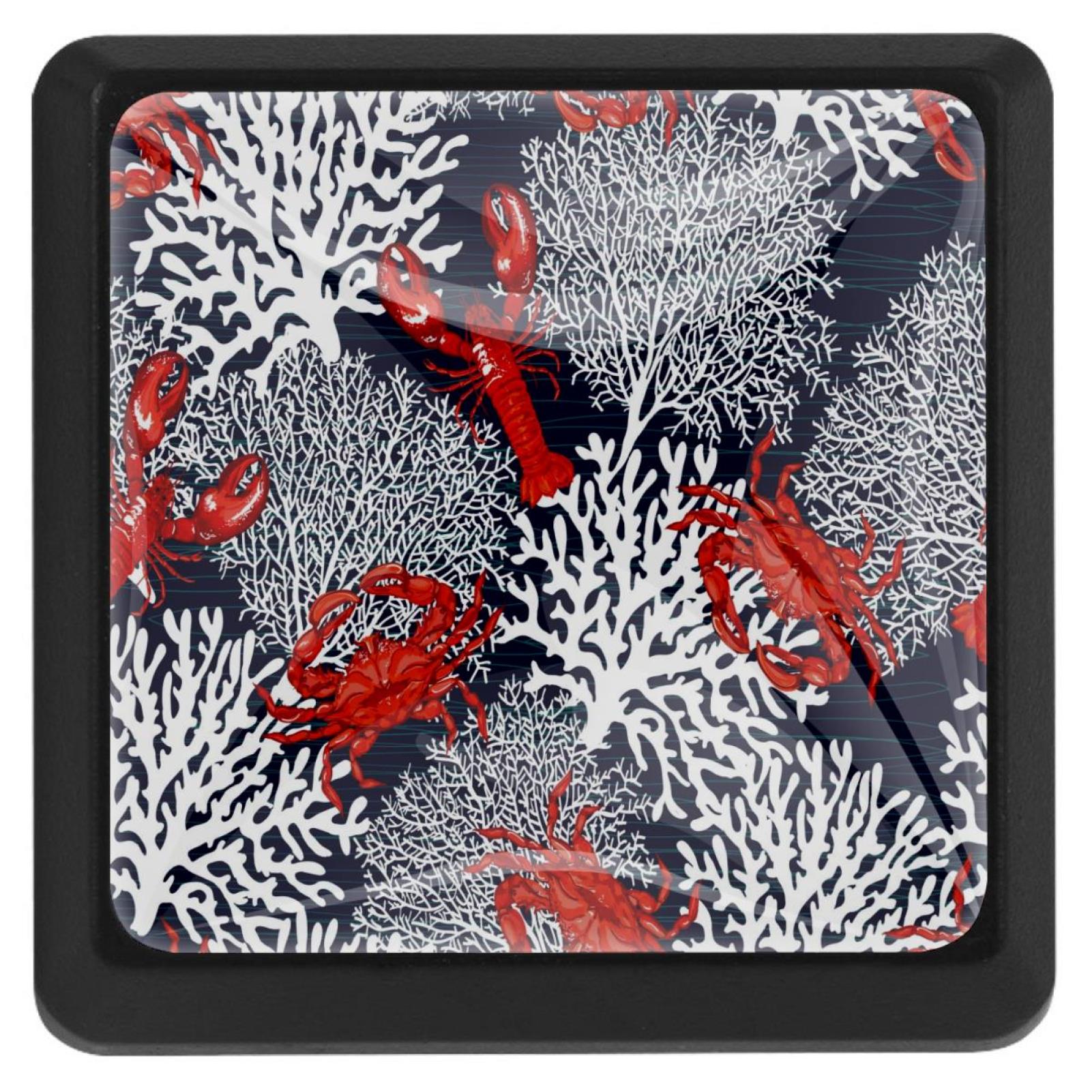 3 Pack Red Crayfish Crab Sea Square Cabinet Door Knobs Decor for Cupboard Dressing Table with ...