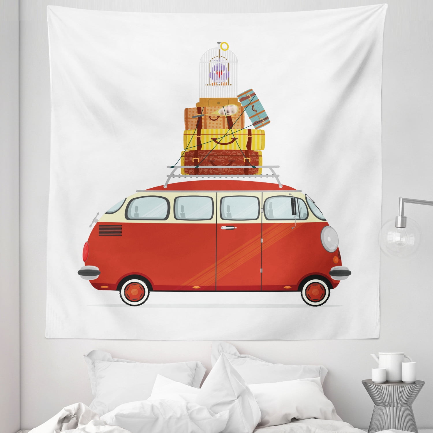 Camper Tapestry, Cartoon Style Retro Minivan with Suitcases and Bird ...