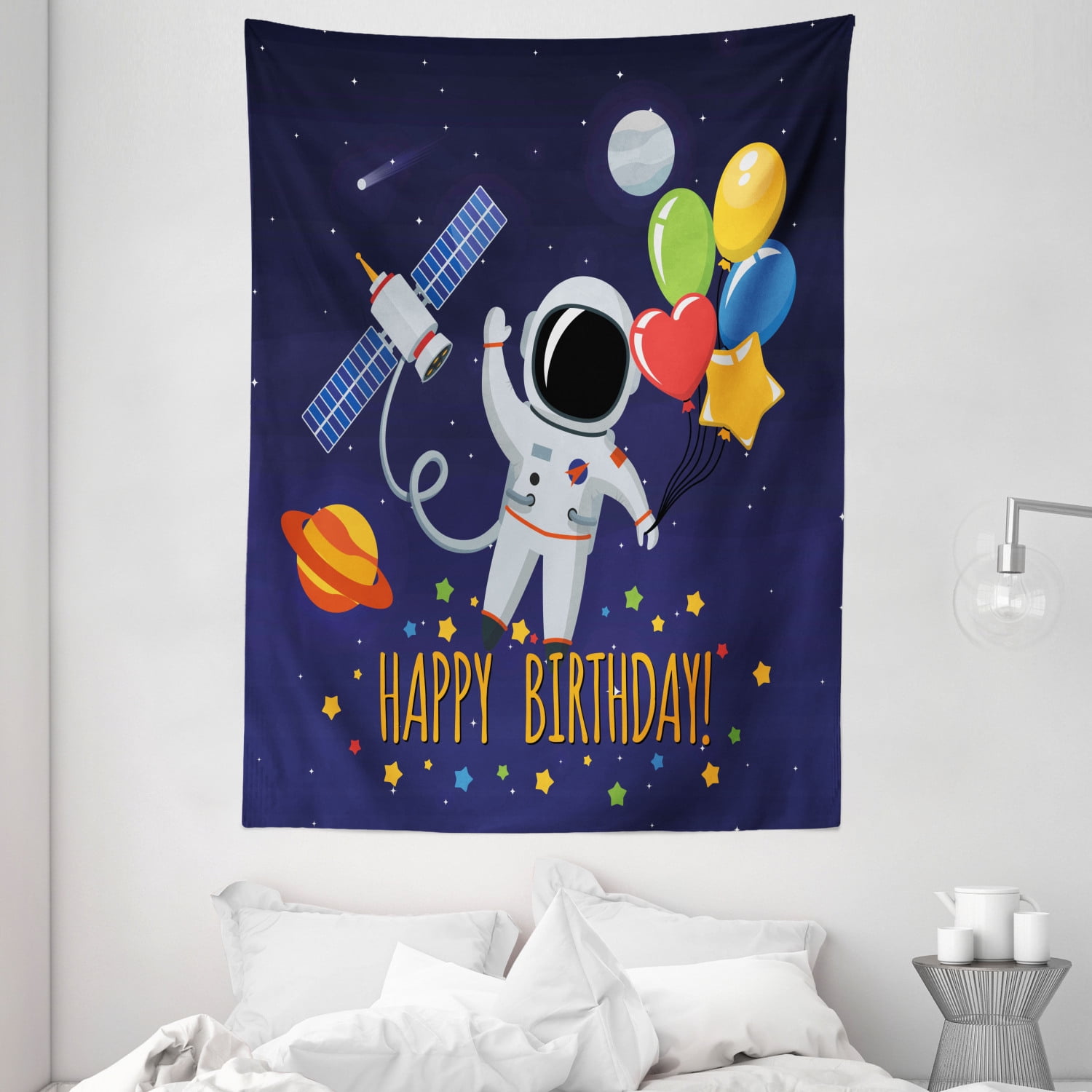 Kids Birthday Tapestry, Space Lover Theme Astronaut with Party Balloons ...
