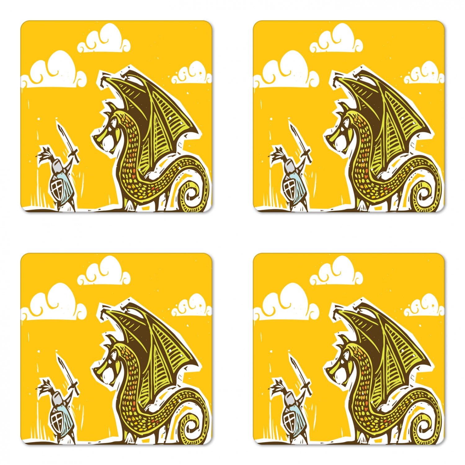 Dragon Coaster Set of 4, Knight Shield in Steel Armour Against Wings ...