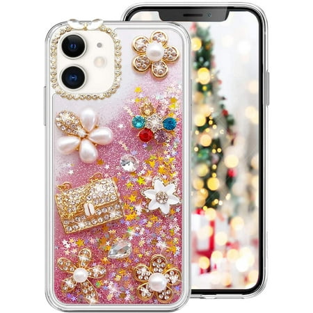 for iPhone 12 Mini Glitter Liquid Case 3D Diamond Rhinestone Flower ...
