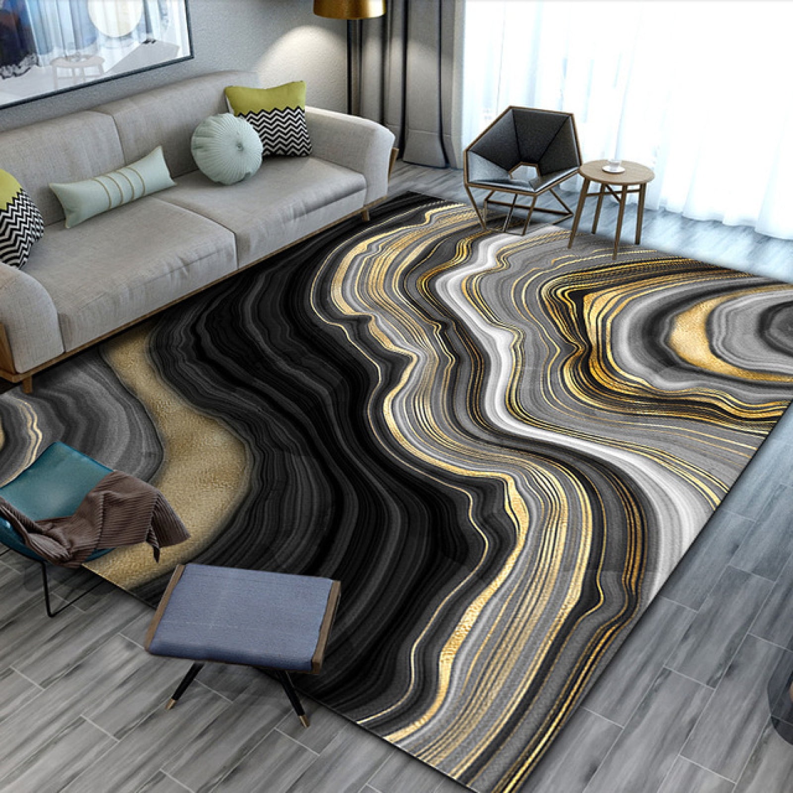 Black Gold Marble Texture Area Rug Modern Abstract Kitchen Runner Gold ...