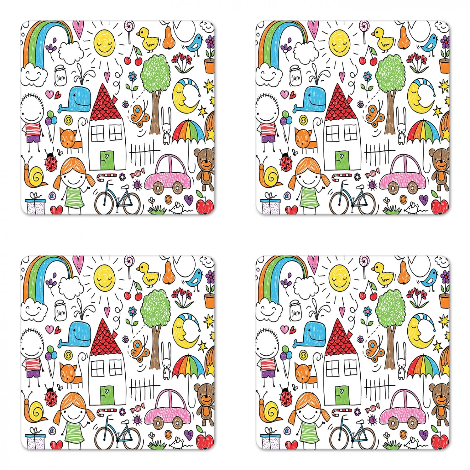 Nursery Coaster Set of 4, Childlike Doodle Drawing of House Girl and ...