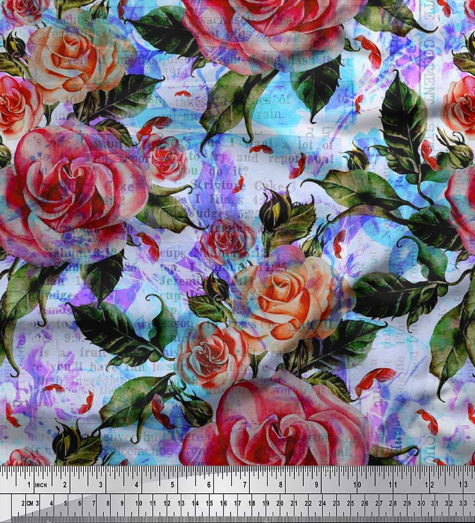 Soimoi Crepe Silk Fabric Leaves & Rose Flower Print Fabric by the Yard ...