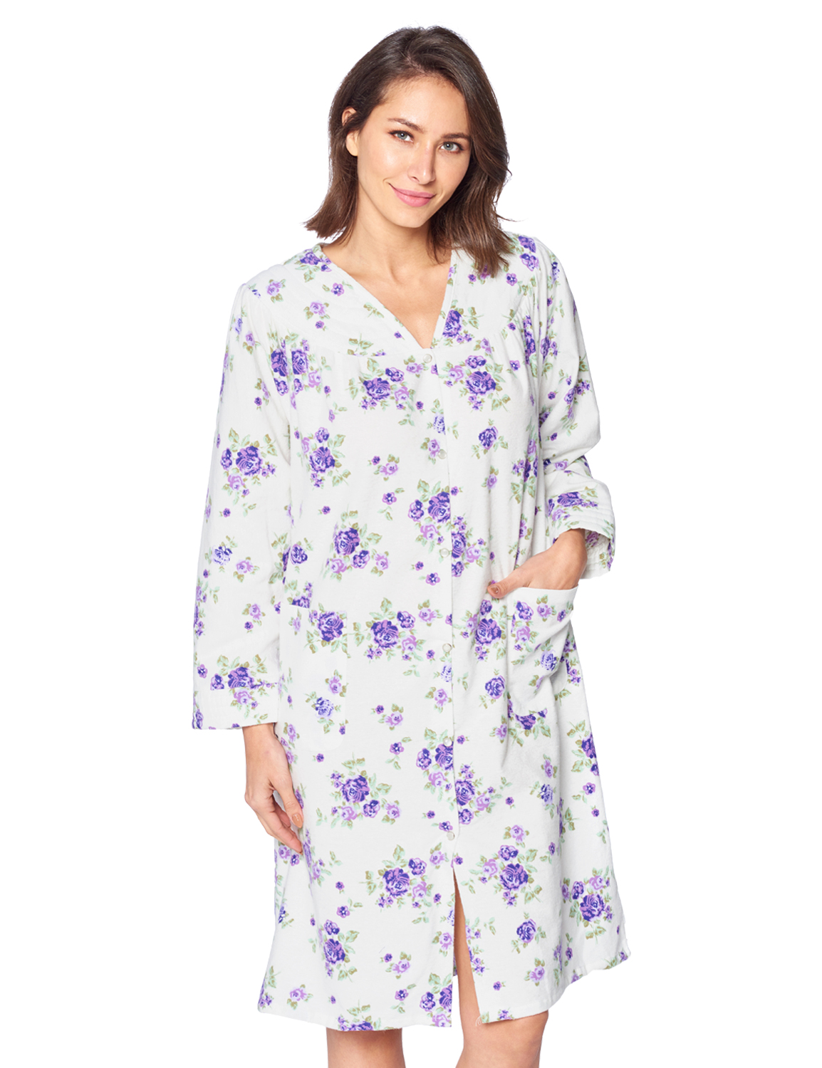Casual Nights Women's Floral Snap Front Flannel Duster Long Sleeve ...
