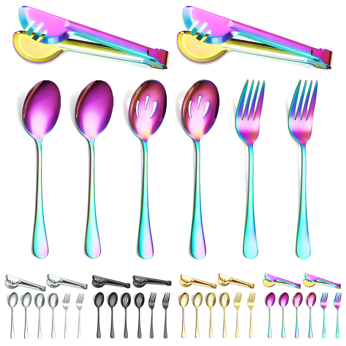 ReaNea Rainbow Flatware Serving Set of 8 Pieces, Silverware Serving ...