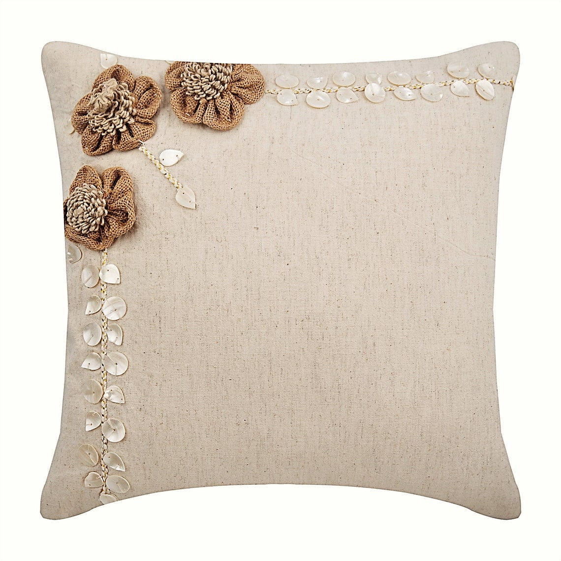 Pillow Case, Ecru Pillow Shams, Jute Flowers Mother Of Pearls Floral ...
