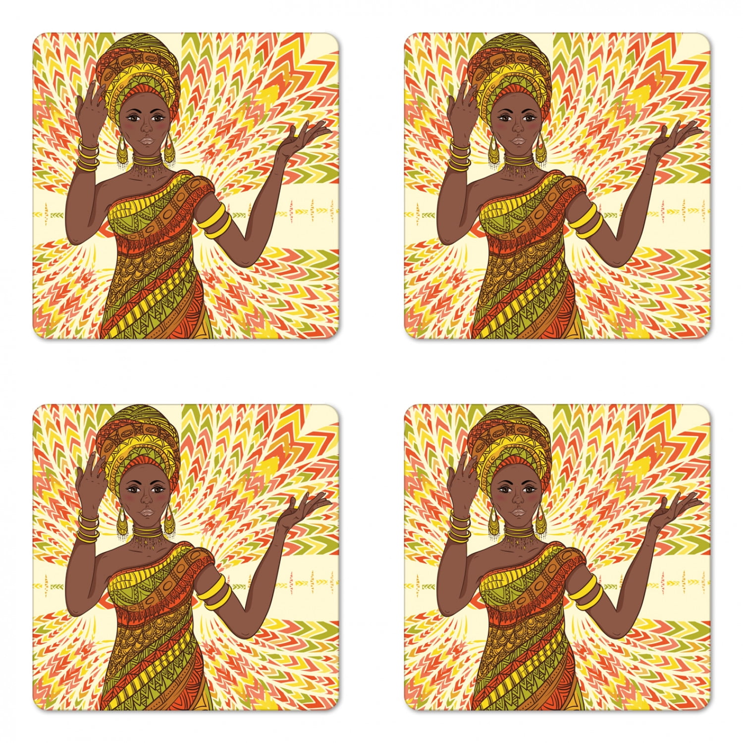 African Coaster Set of 4, Dancing Woman Hand Drawing Geometric Ornament ...