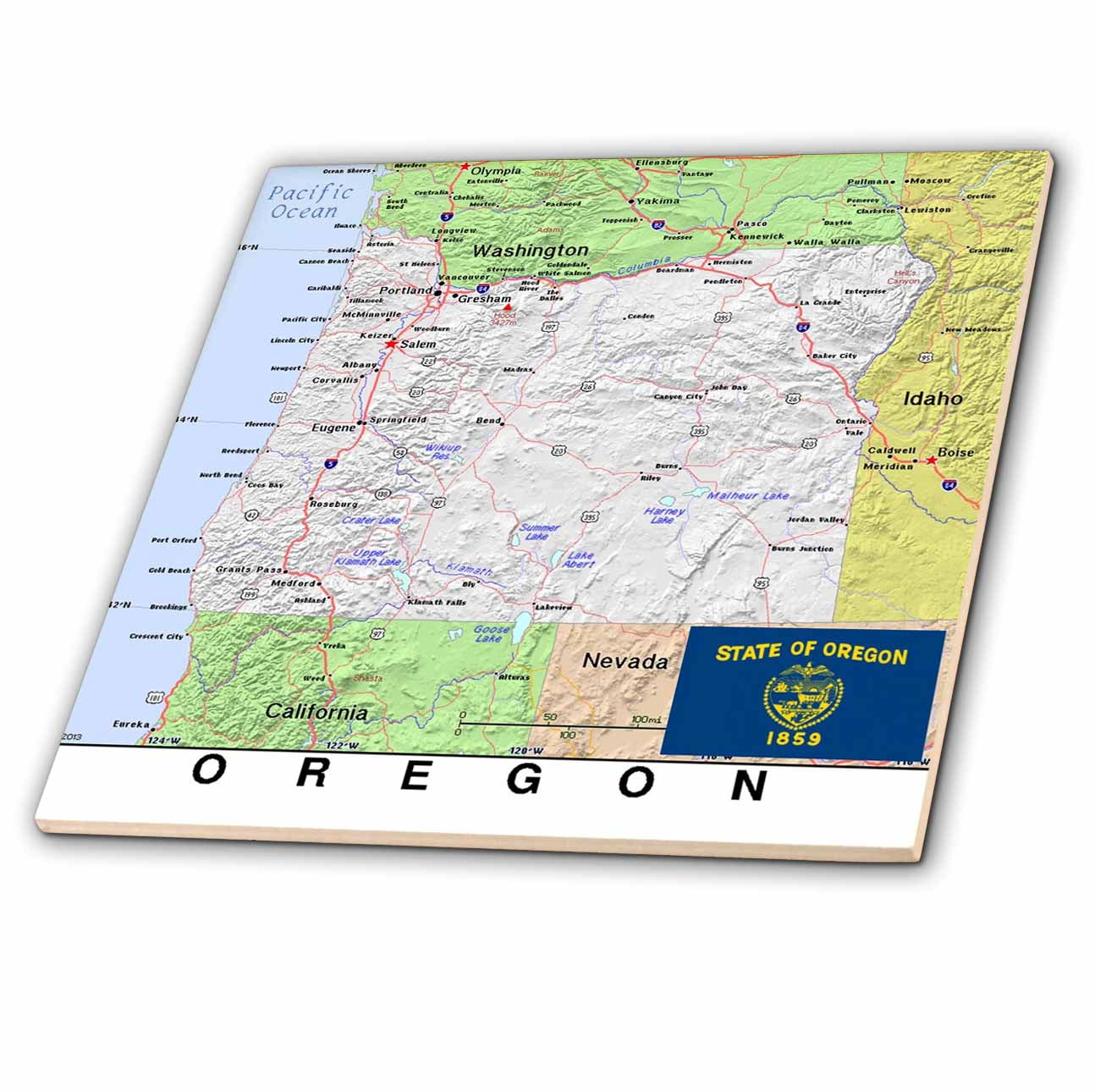 Image of Oregon Topographic Map With State Flag 4 Inch Ceramic Tile ct ...