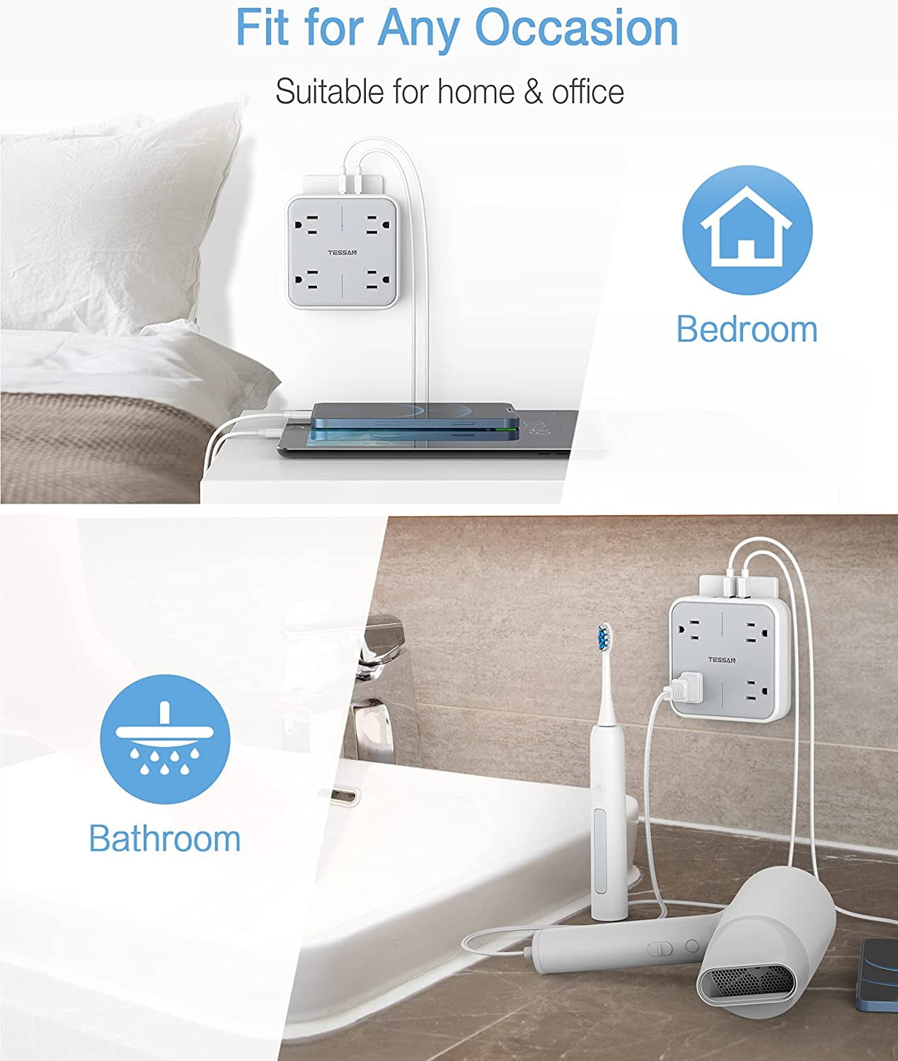 Buy TESSAN Multiple Outlet Wall Plug Surge Protection,3 USB 4 Outlets ...