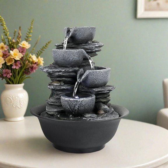 4-Tier LED Light Tabletop Water Fountain, Small Desk Waterfall for Home ...