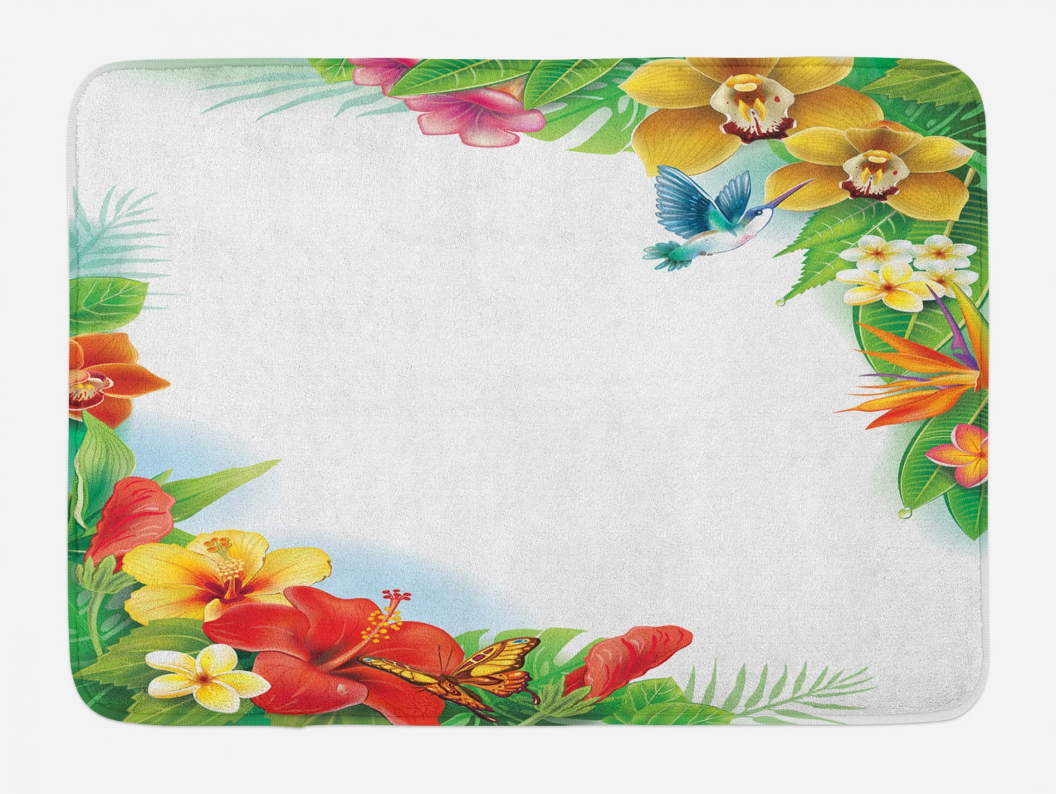 Hummingbirds Bath Mat, Tropical Flowers and Leaves Natural Foliage ...