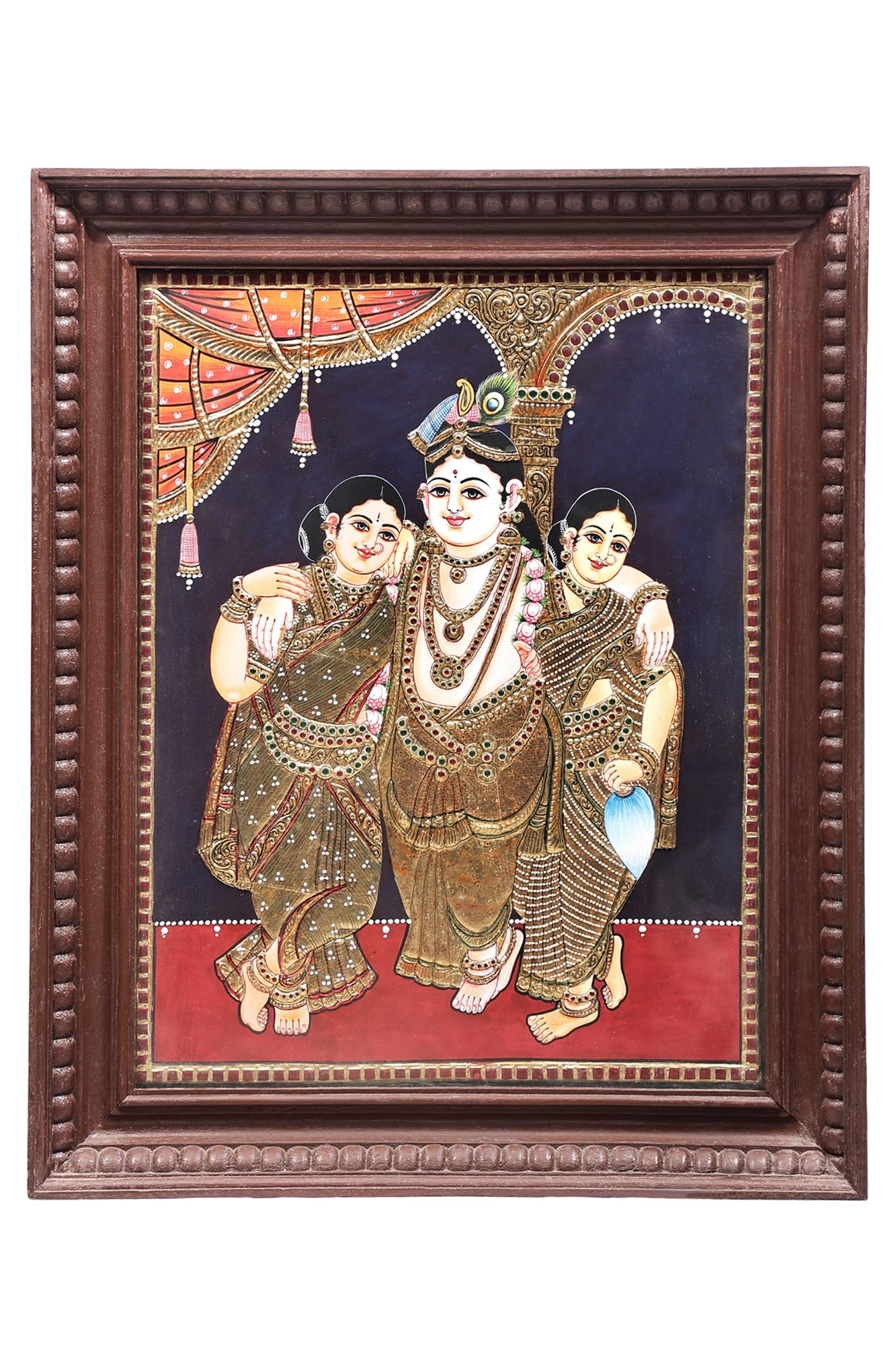 Lord Krishna With His Concorts Rukmini And Satyabhama Tanjore Painting ...