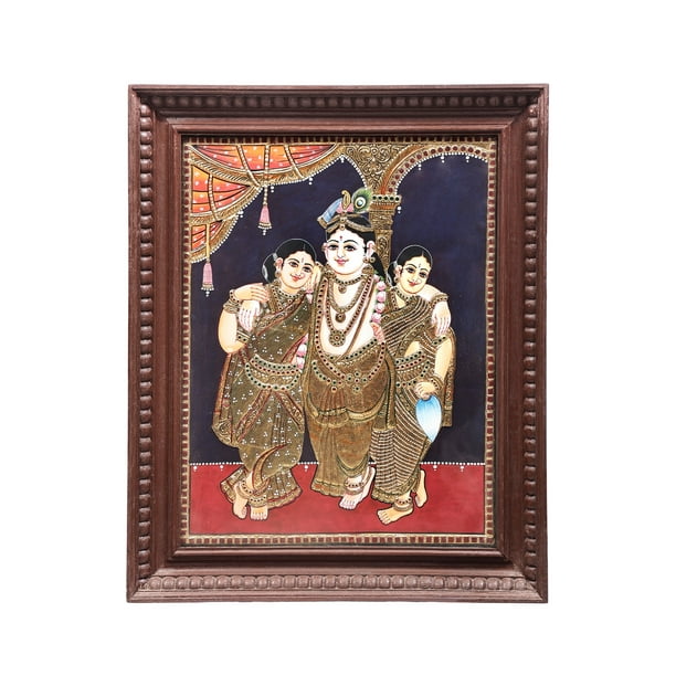 Lord Krishna With His Concorts Rukmini And Satyabhama Tanjore Painting | Traditional Colors With ...