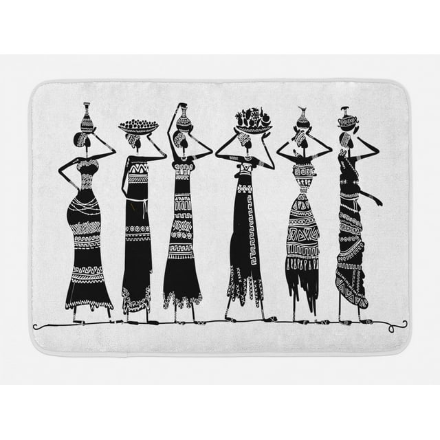 African Woman Bath Mat, Sketch of Local Women with Jugs Silhouettes ...