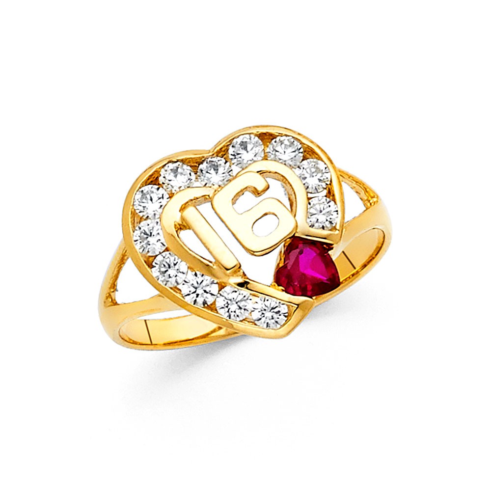 14k Yellow Italian Gold Heart CZ & Ruby Heart Shape Dieciséis Ring 12mm ...