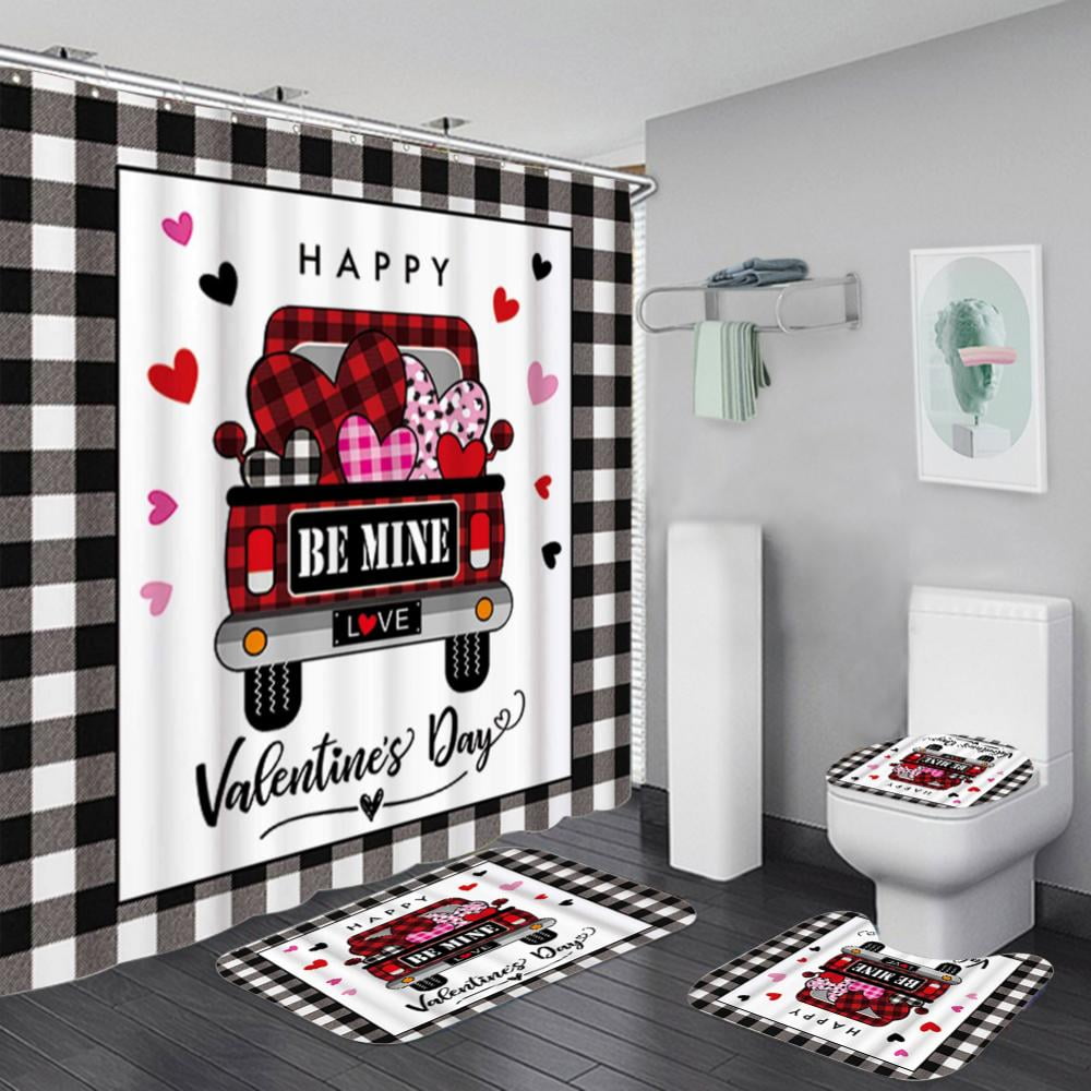 4pcs Valentines Day Shower Curtain Set Farmhouse Romantic Rose Gnome
