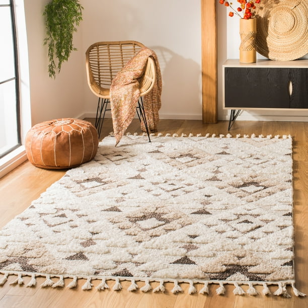 SAFAVIEH Moroccan Tassel Shag Larry Moroccan Geometric Area Rug, Ivory ...