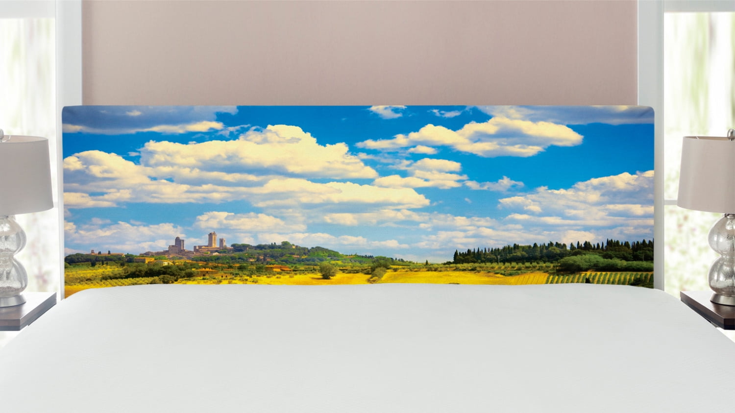 Italian Headboard, Old Italian Village Scenery with Meadows and Clouds ...