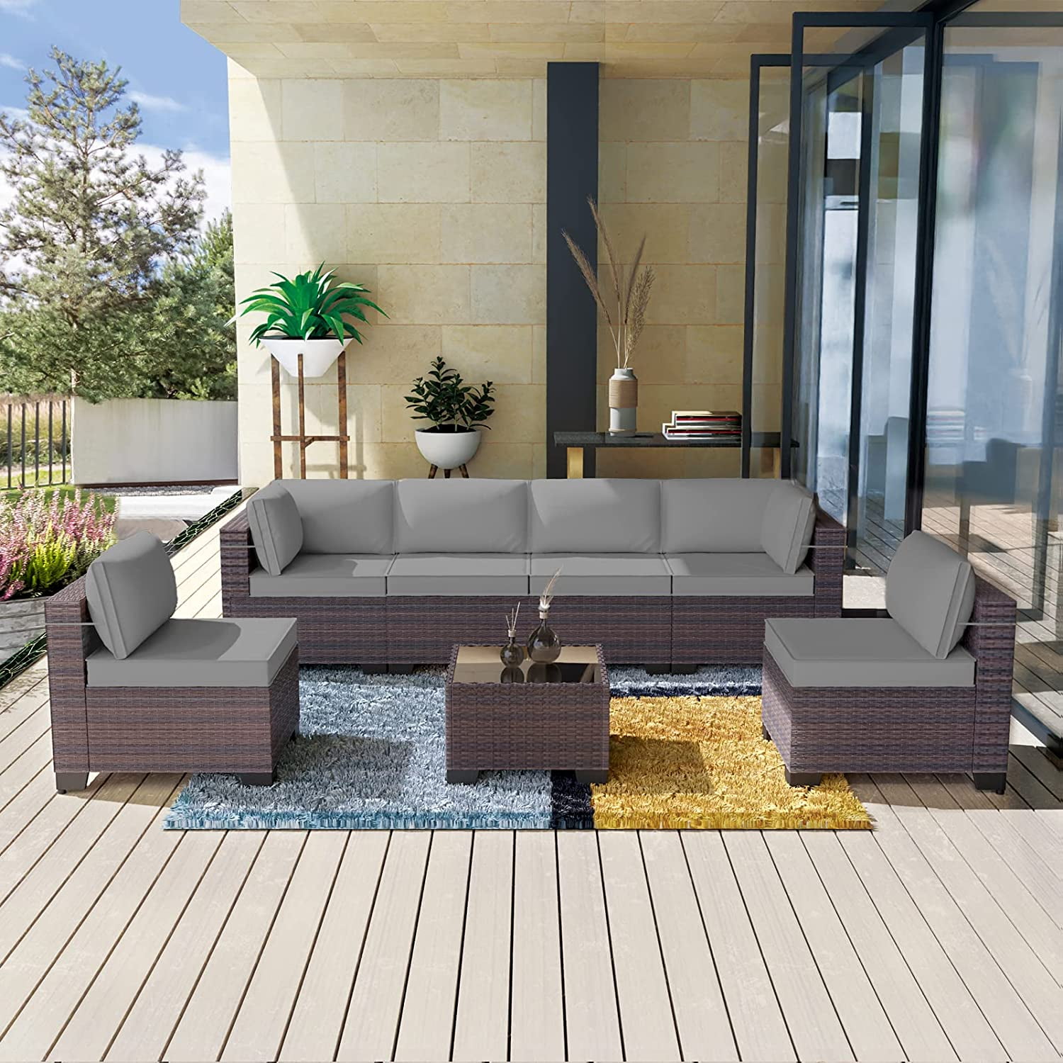 Gotland 7 Pieces Outdoor Patio Furniture Wicker Rattan Sectional Sofa ...