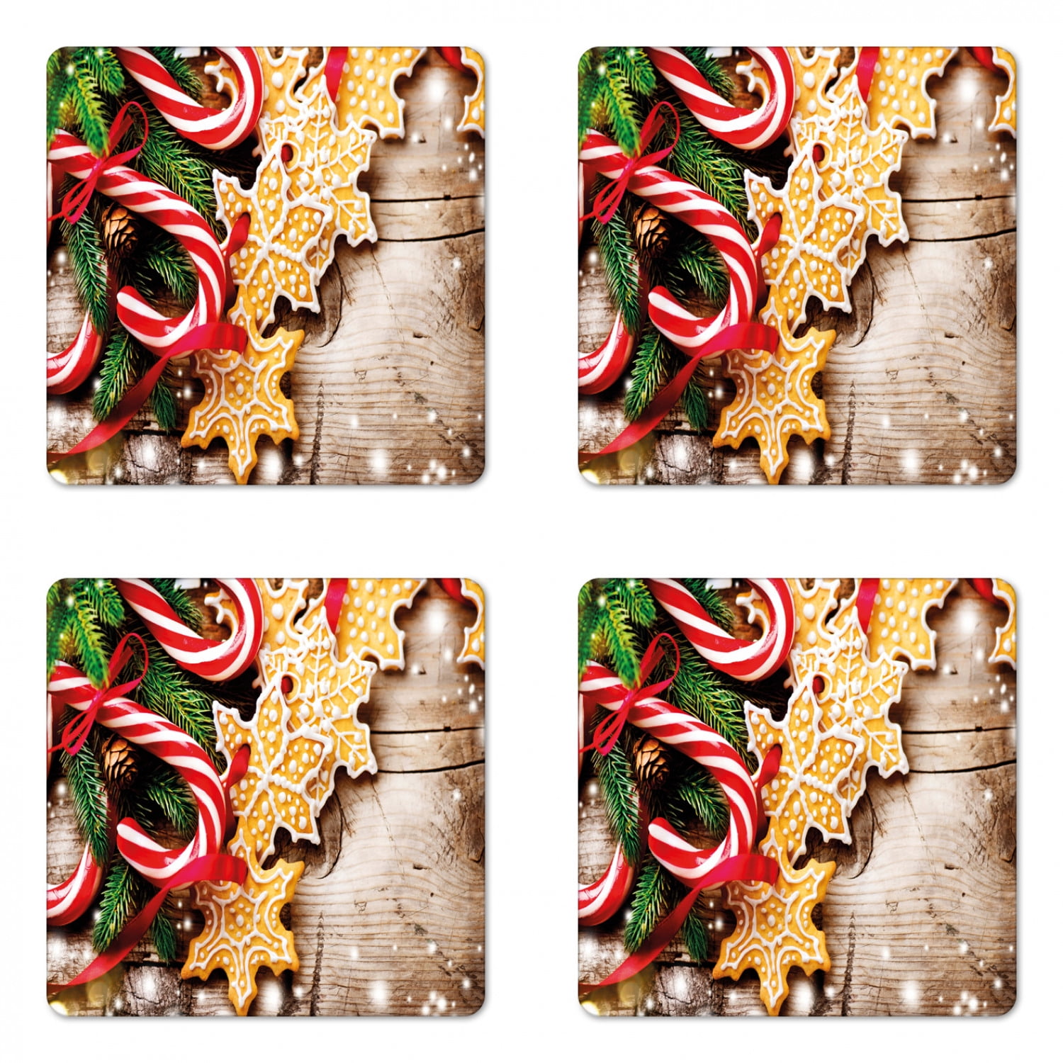 Christmas Coaster Set of 4, Cookies and Candy Canes on Wooden Tree ...