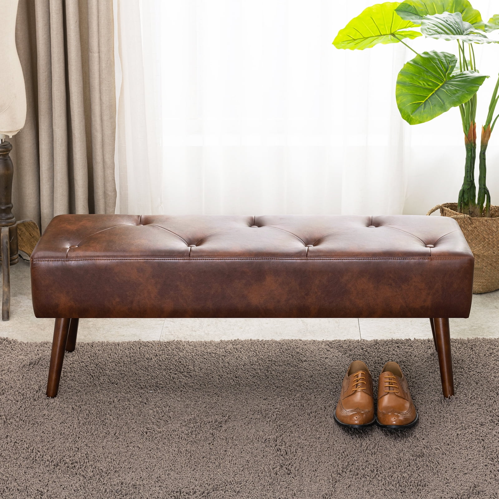 Faux Leather Entryway Bench Ottoman Tufted Button Bedroom Benches,Dark ...
