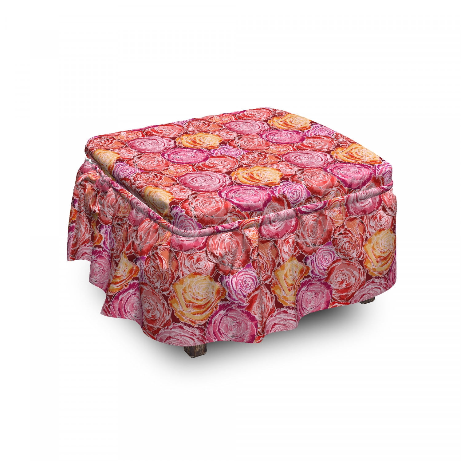 Floral Ottoman Cover, Romantic Pink Roses Artwork, 2 Piece Slipcover ...